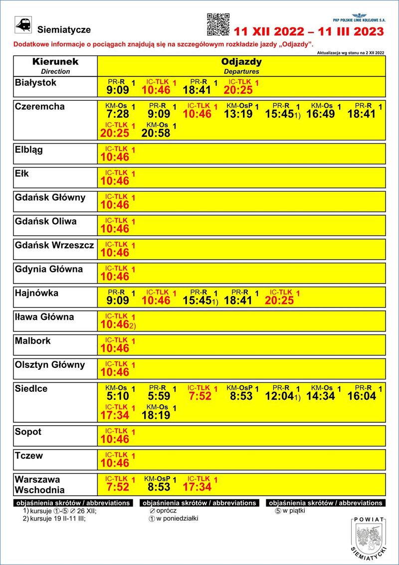 SIEMIATYCZE - Region - Uwaga podróżni, zmienia się rozkład jazdy pociągów